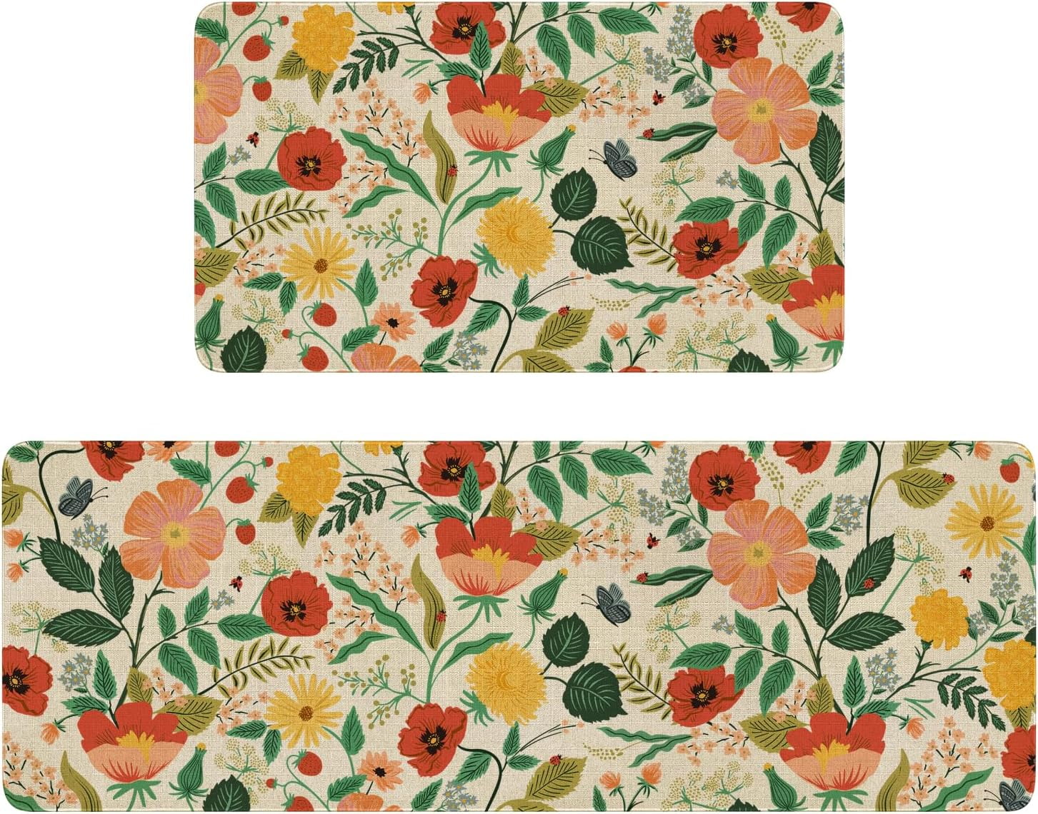 Boho Strawberry Floral Botanical Poppy Kitchen Rugs and Mats Set of 2 ...