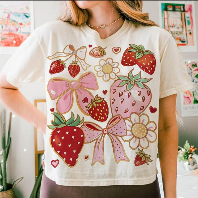 Boho Strawberry T-Shirt, Preppy Summer Fruit Tee, Coquette Strawberry ...