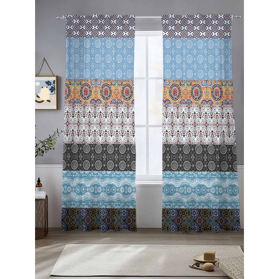 Boho Stripe Abstract Ethnic Style Chiffon Sheer Curtains 84 Inches Long ...