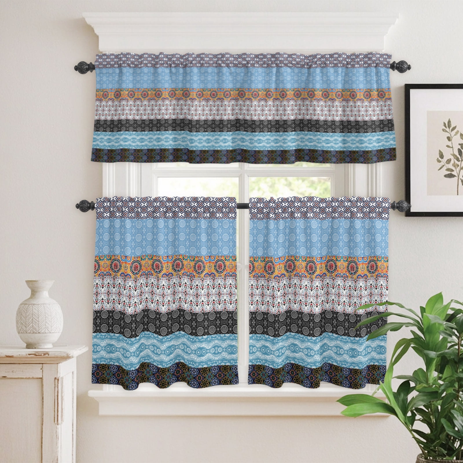 Boho Stripe Abstract Ethnic Style Curtain Tier and Valance Set 3 Piece ...