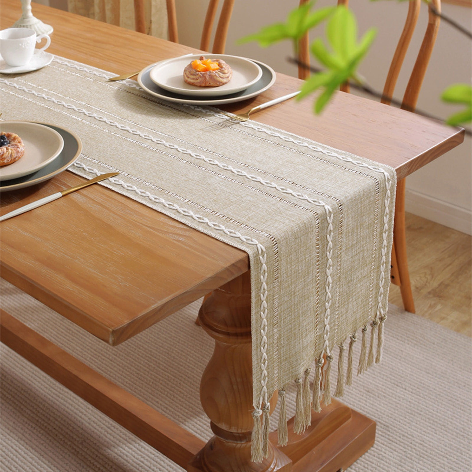 Boho Striped Hemstitched Table Runner - Cotton Linen Embroidered ...