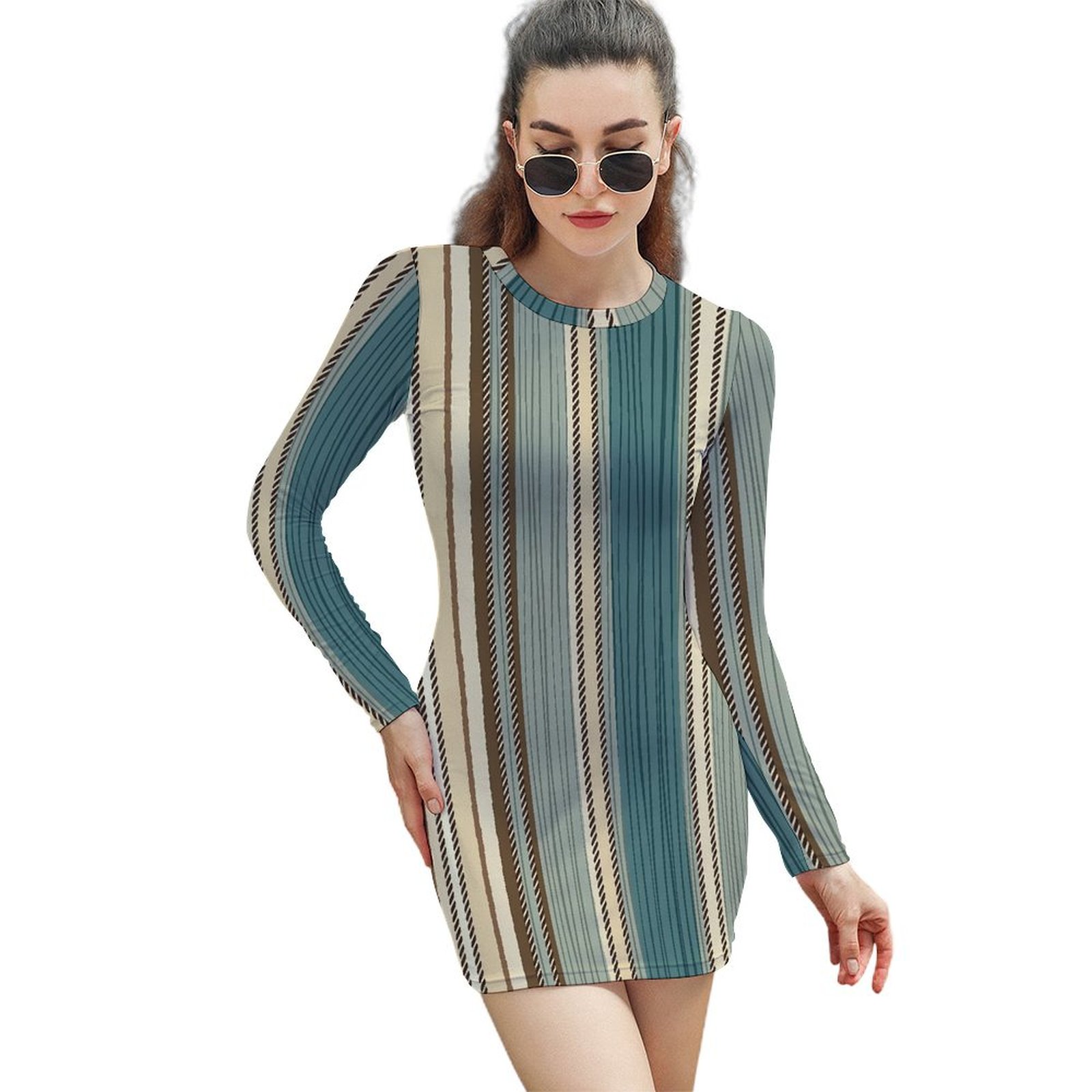Boho Stripes Bohemian Women's Long Sleeve Bodycon Dress Soft Stretchy ...