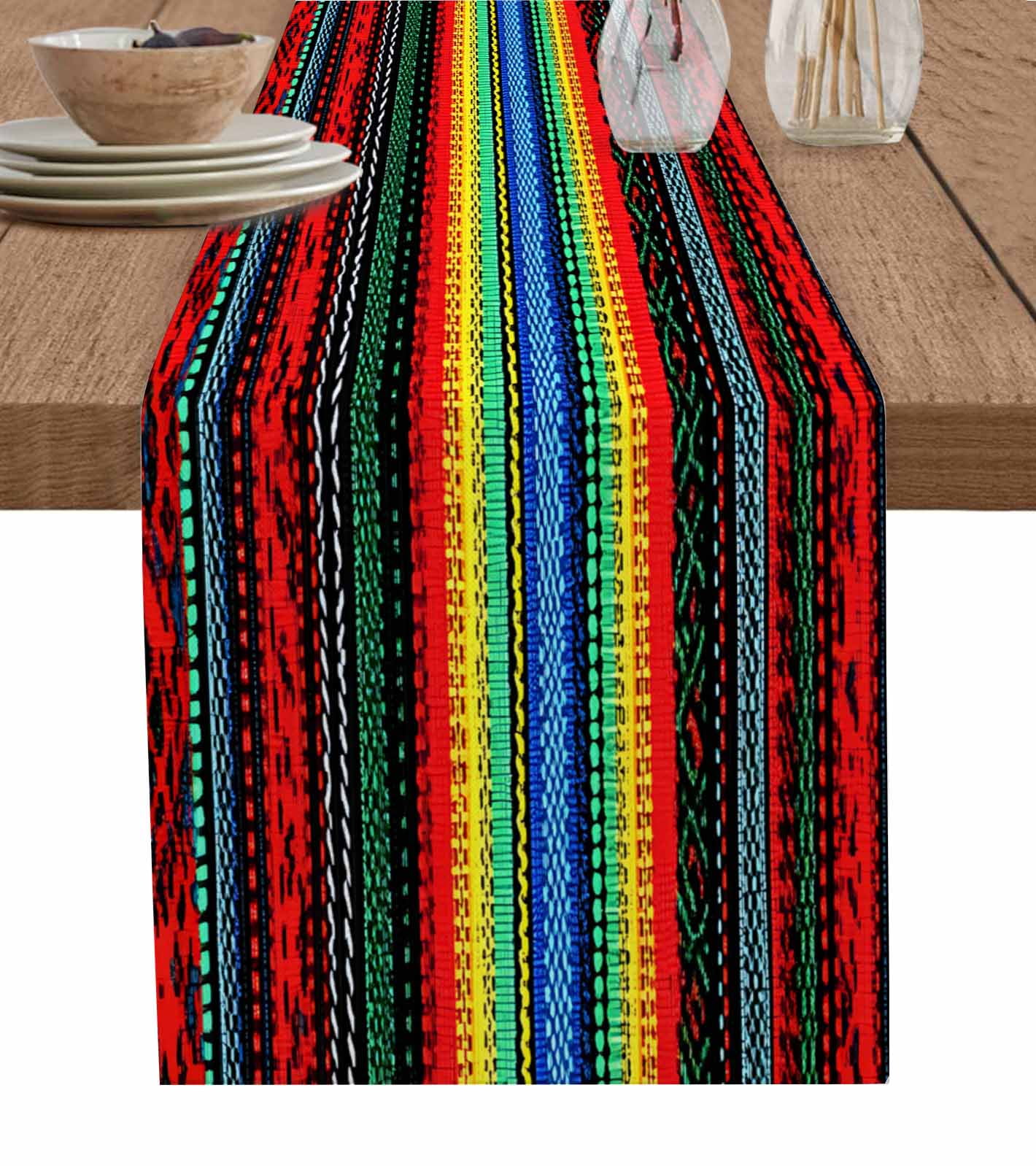 Boho Stripes Burlap Cotton Table Runner 13x108 Inches Long, Rainbow Red ...