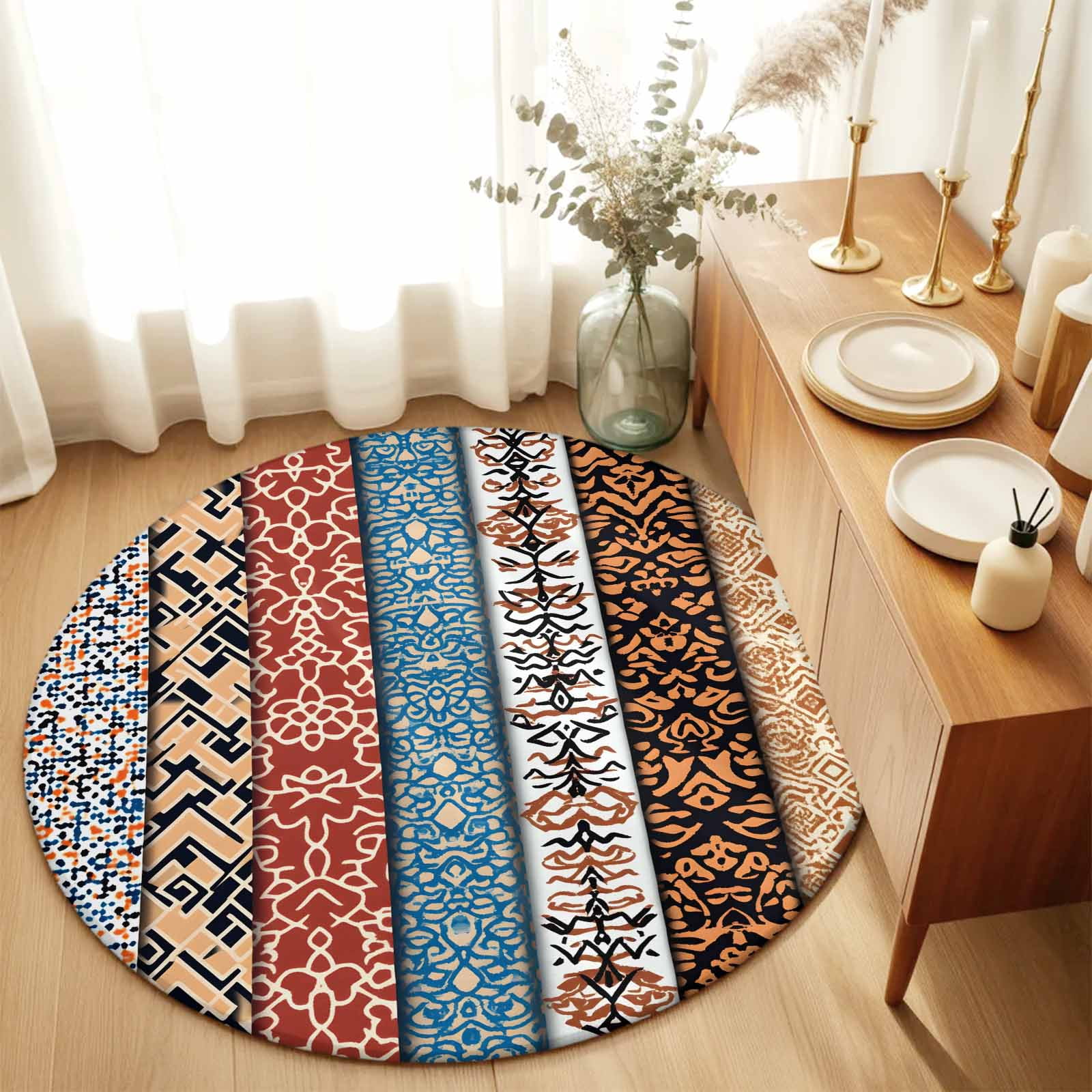 Boho Stripes Ethnic Style Round Rug 3ft Retro Abstract Totem Washable ...