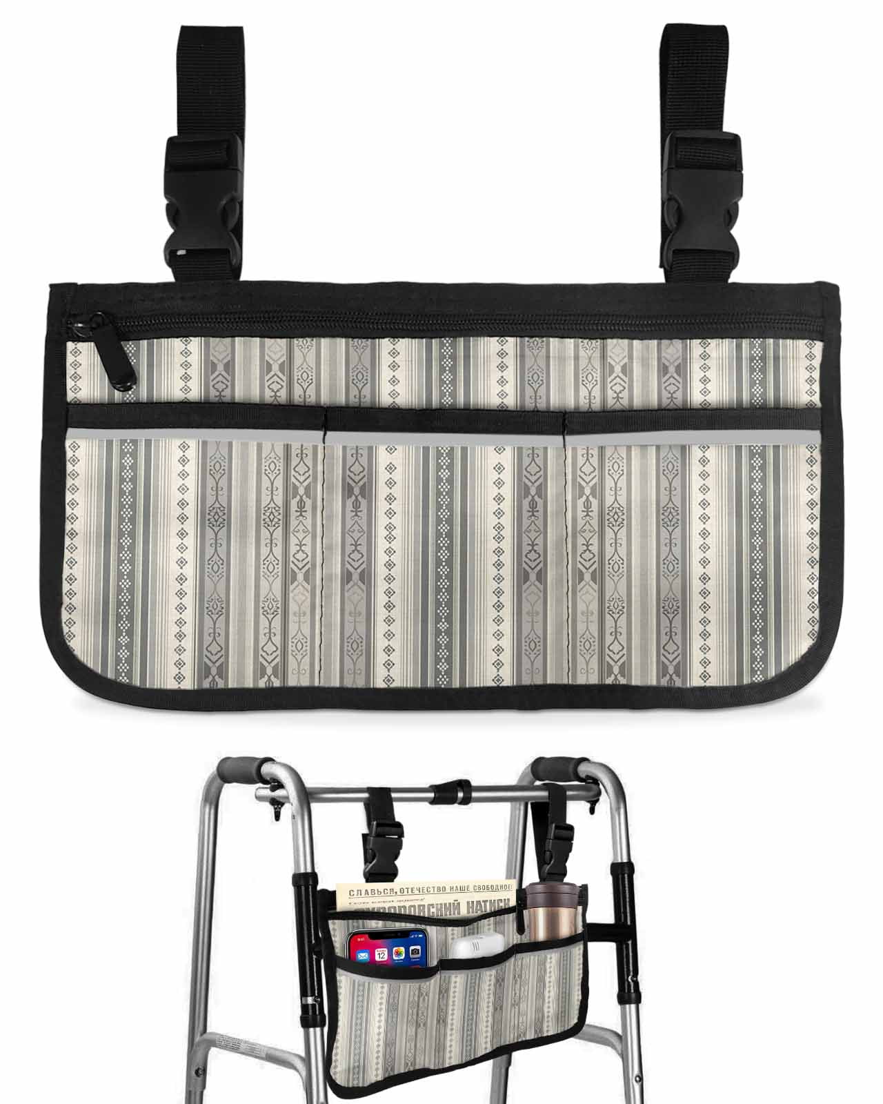 Boho Stripes, Wheelchair Bag with Cup Holder Walker Bag with Reflective ...