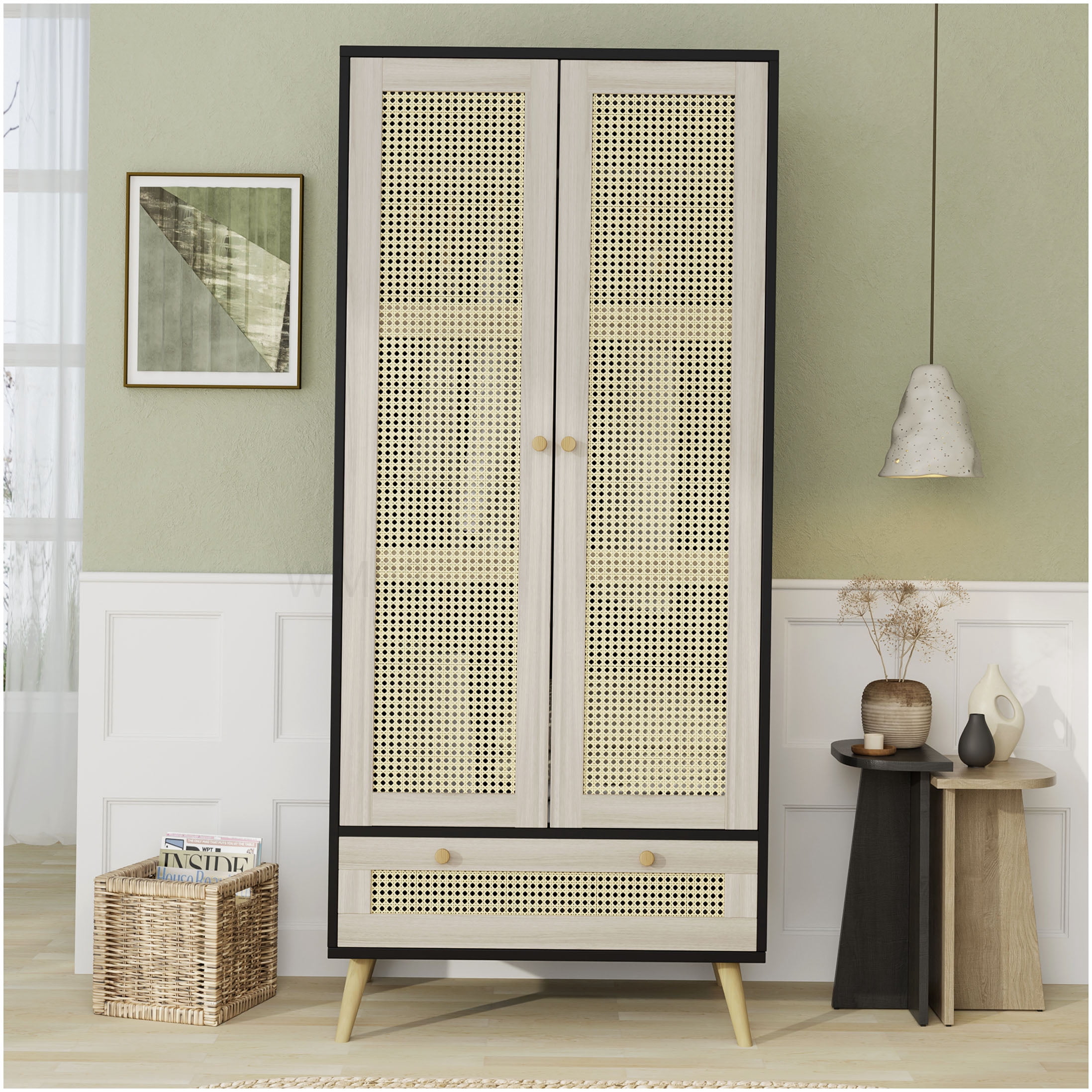 Boho Style Armoire Wardrobe with 2 Rattan Doors, Freestanding Closet ...