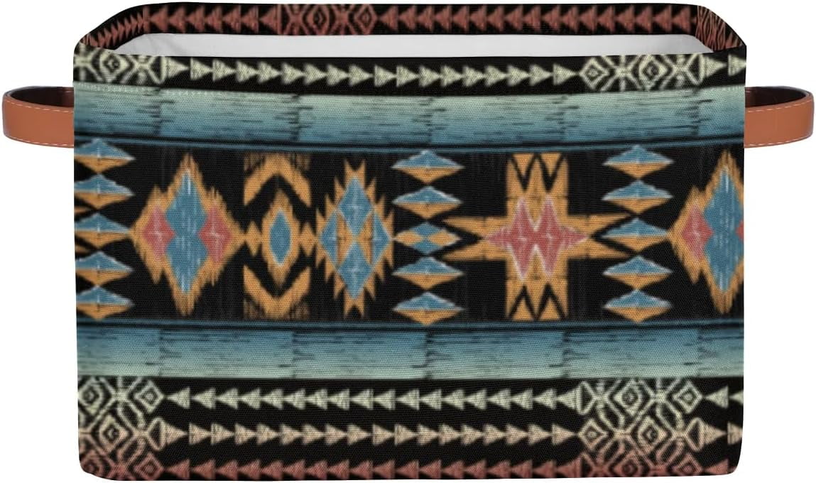 Boho Style Brown Ethnic Painted Square Storage Basket, Fabric Storage ...
