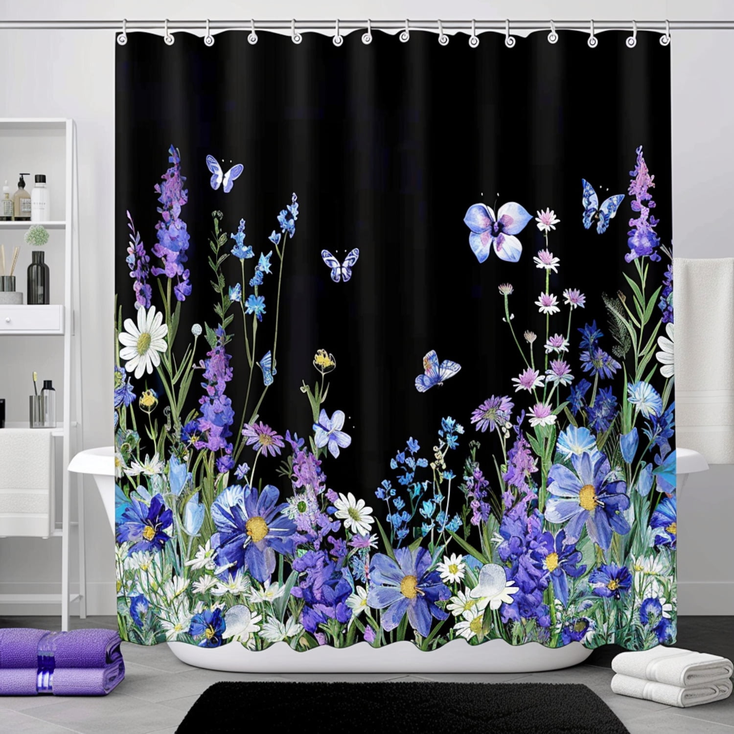 Boho Style Butterfly And Wildflower Shower Curtain Set Modern Bathroom