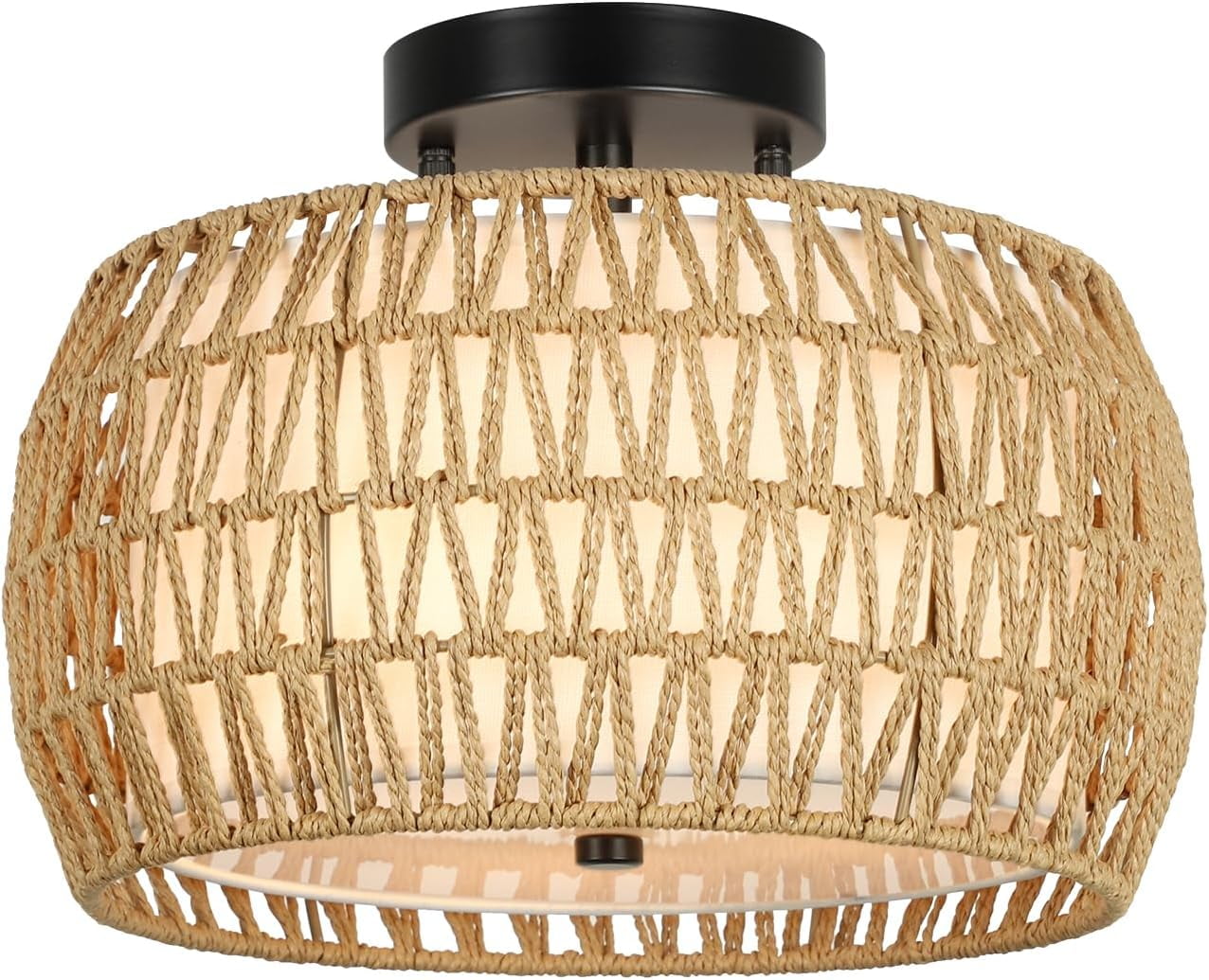 Boho Style Ceiling Light with Rattan Shade - Farmhouse Inspired Semi ...