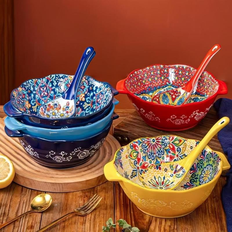 Boho Style Ceramic Bowl Set, 3 Counts/set Colorful Floral Pattern Soup ...