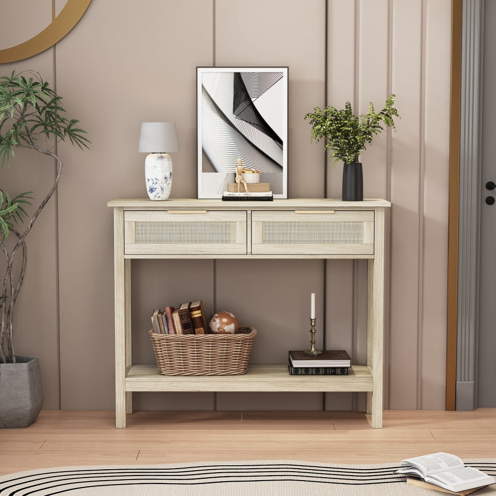 Boho Style Console Table with 2 Rattan Drawer and Bottom Storage Shelf ...