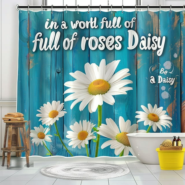 Boho Style Daisy Flower Shower Curtain Andset Blue Wood Background Yellow