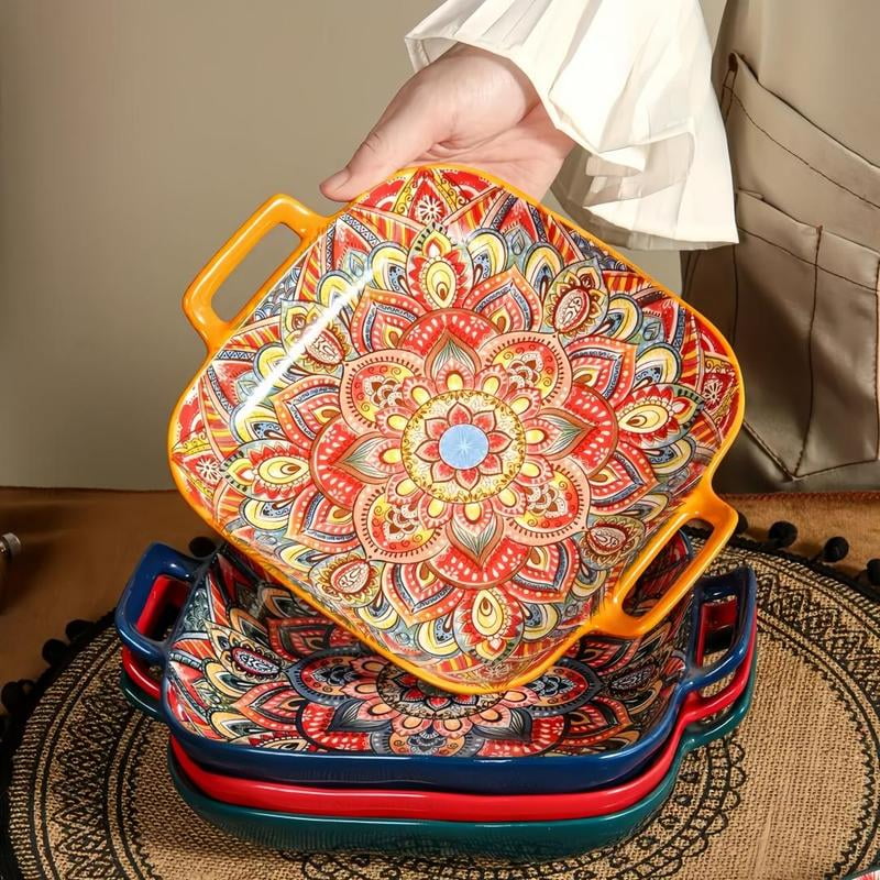 Boho Style Floral Pattern Ceramic Plate, Colorful Handheld Baking Plate ...