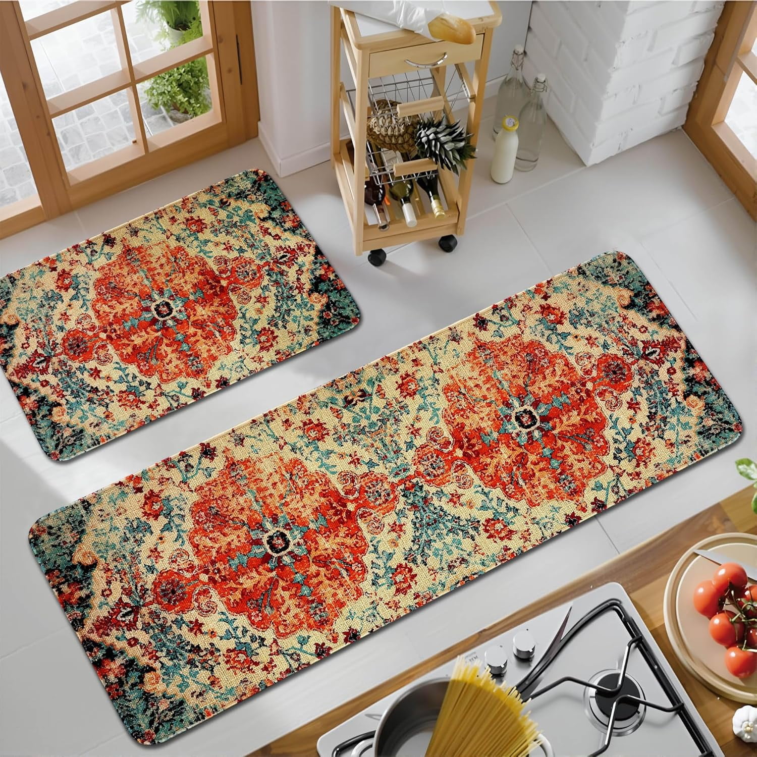 Boho Style Kitchen Mats for Floor Set of 2 Pieces Bohemian Floral ...