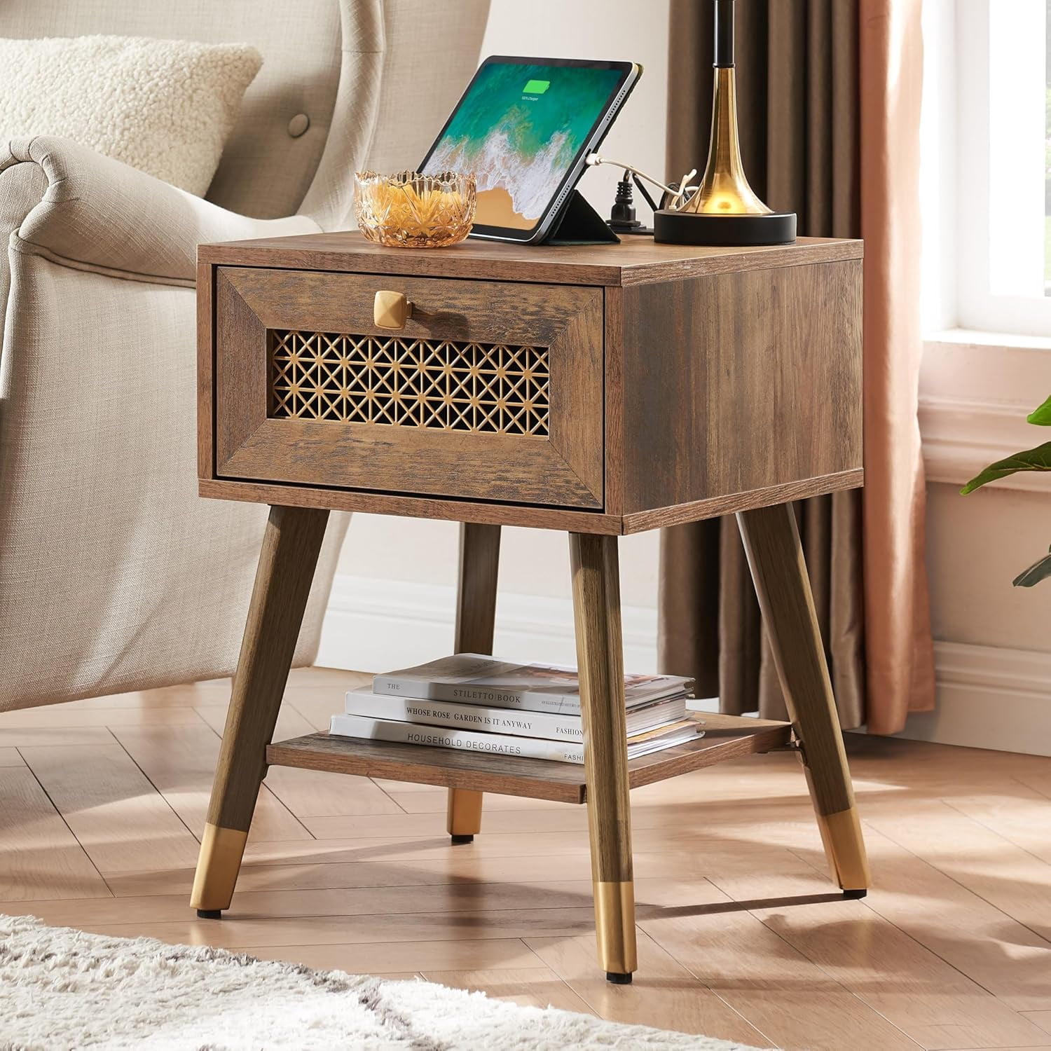 Boho Style Living Room Side Table, Wood End Table with Drawer and Shelf ...