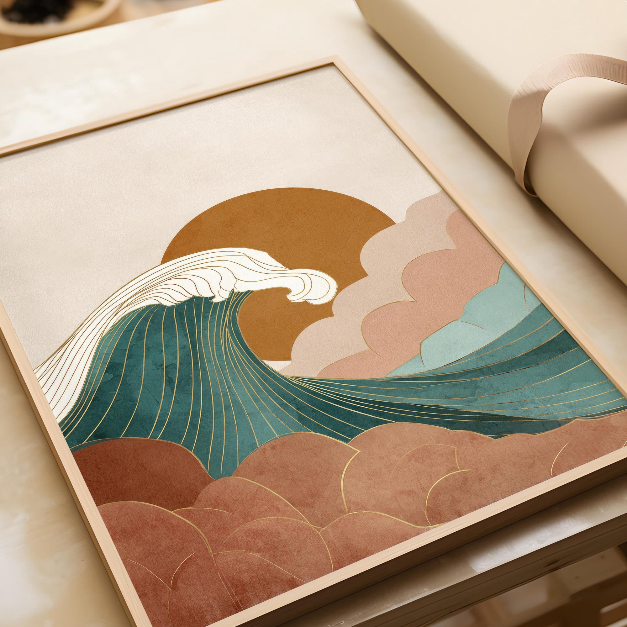 Boho Style Living Room Wall Art Abstract Wave Poster Natural Colored ...