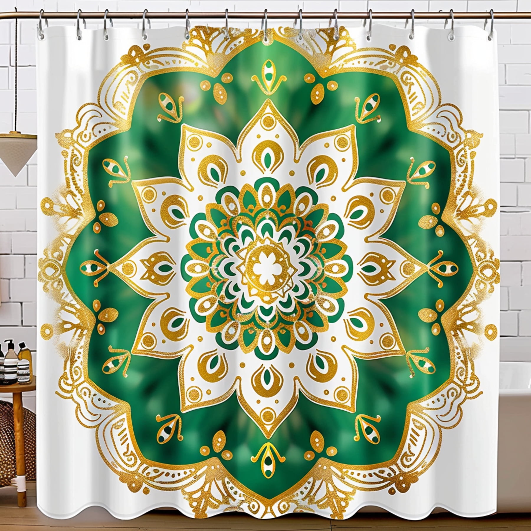 Boho Style Mandala Shower Curtain Green And Gold Color Scheme And Detail