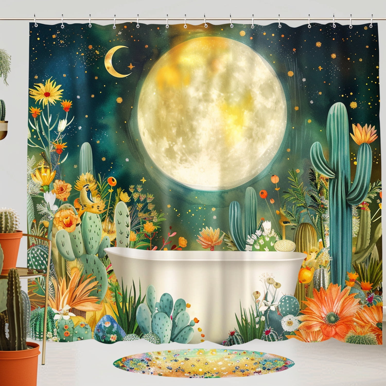 Boho Style Moonlit Cacti Landscape Bathroom Shower Curtain With Vibrant