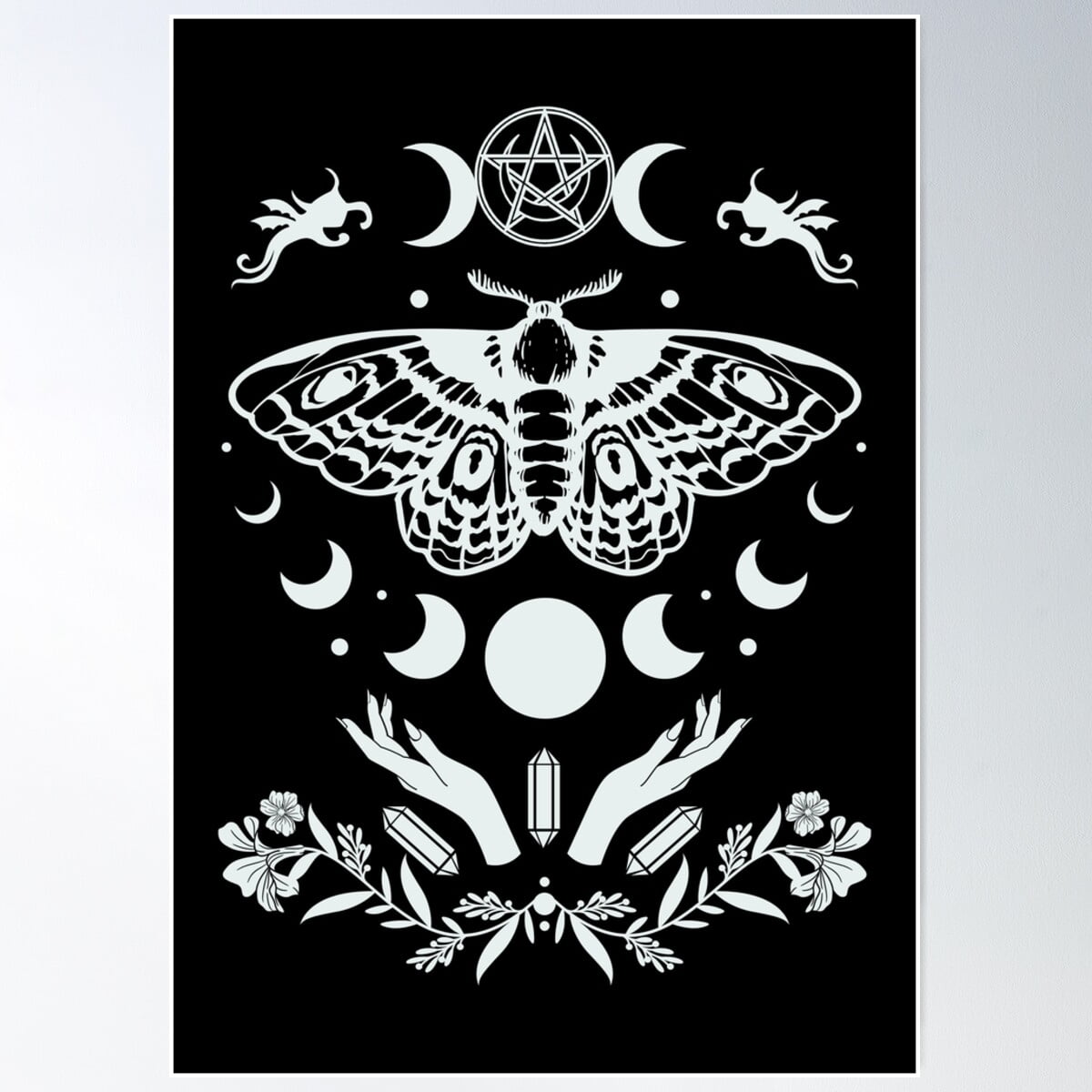 Boho Style Mystical Moth | Triple Moon Goddess | Witch Pentagram Poster ...