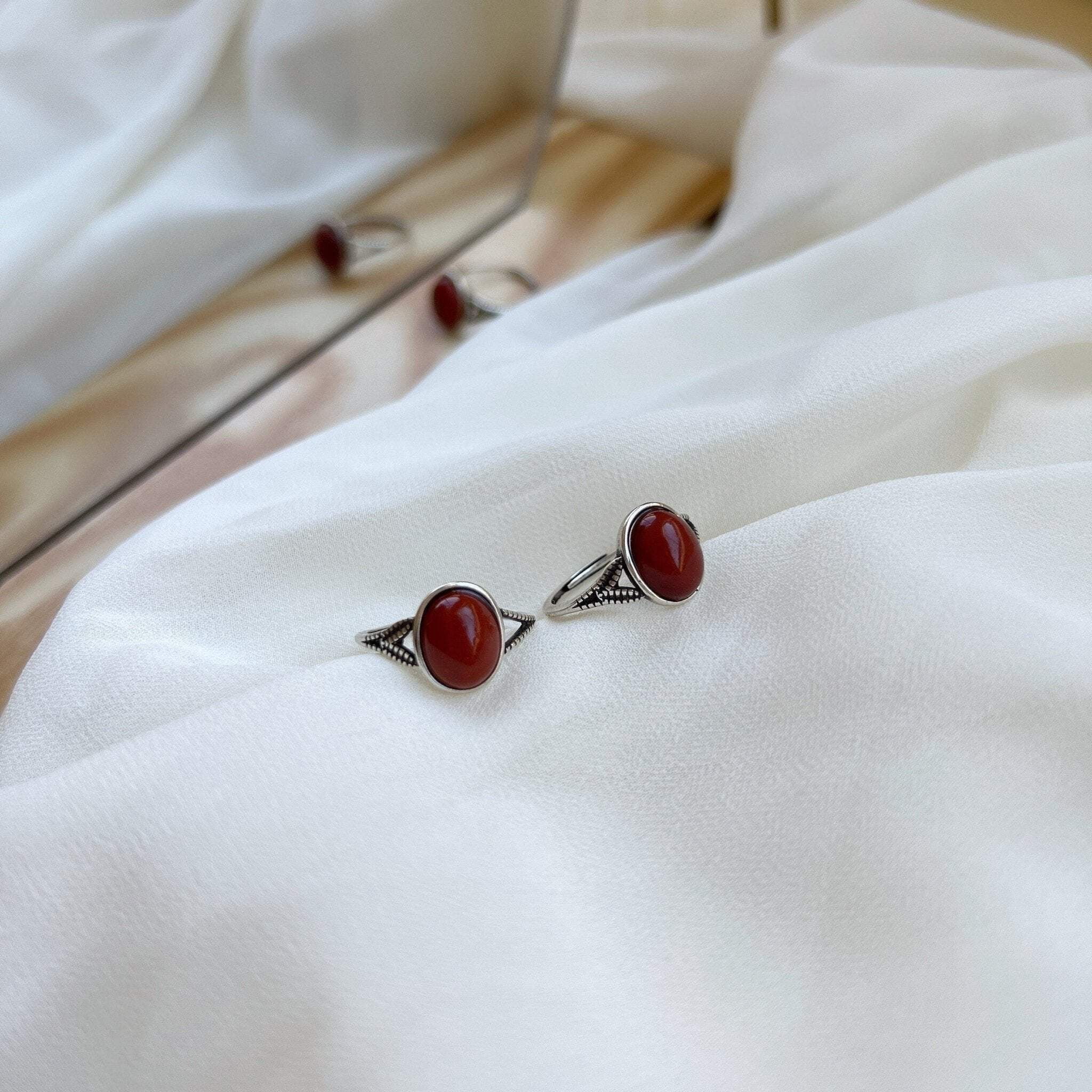 Boho Style Natural Red Stone Ring With S925 Silver Band, Oval Round ...