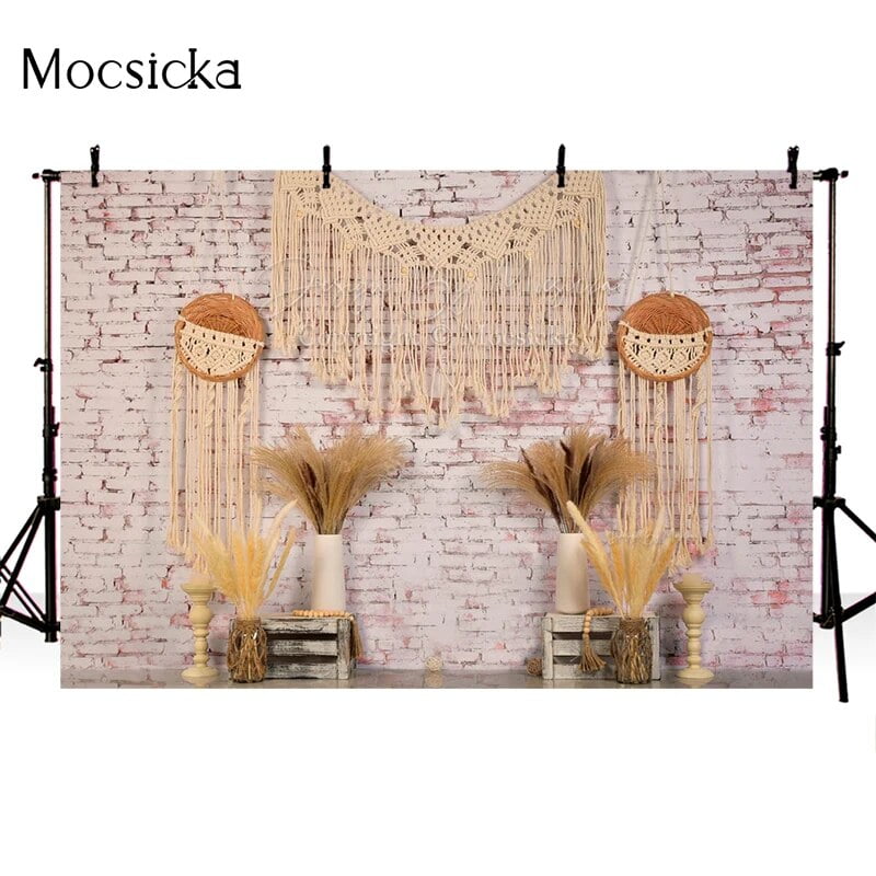 Boho Style Photography Background Reed White Brick Wall Decoration ...
