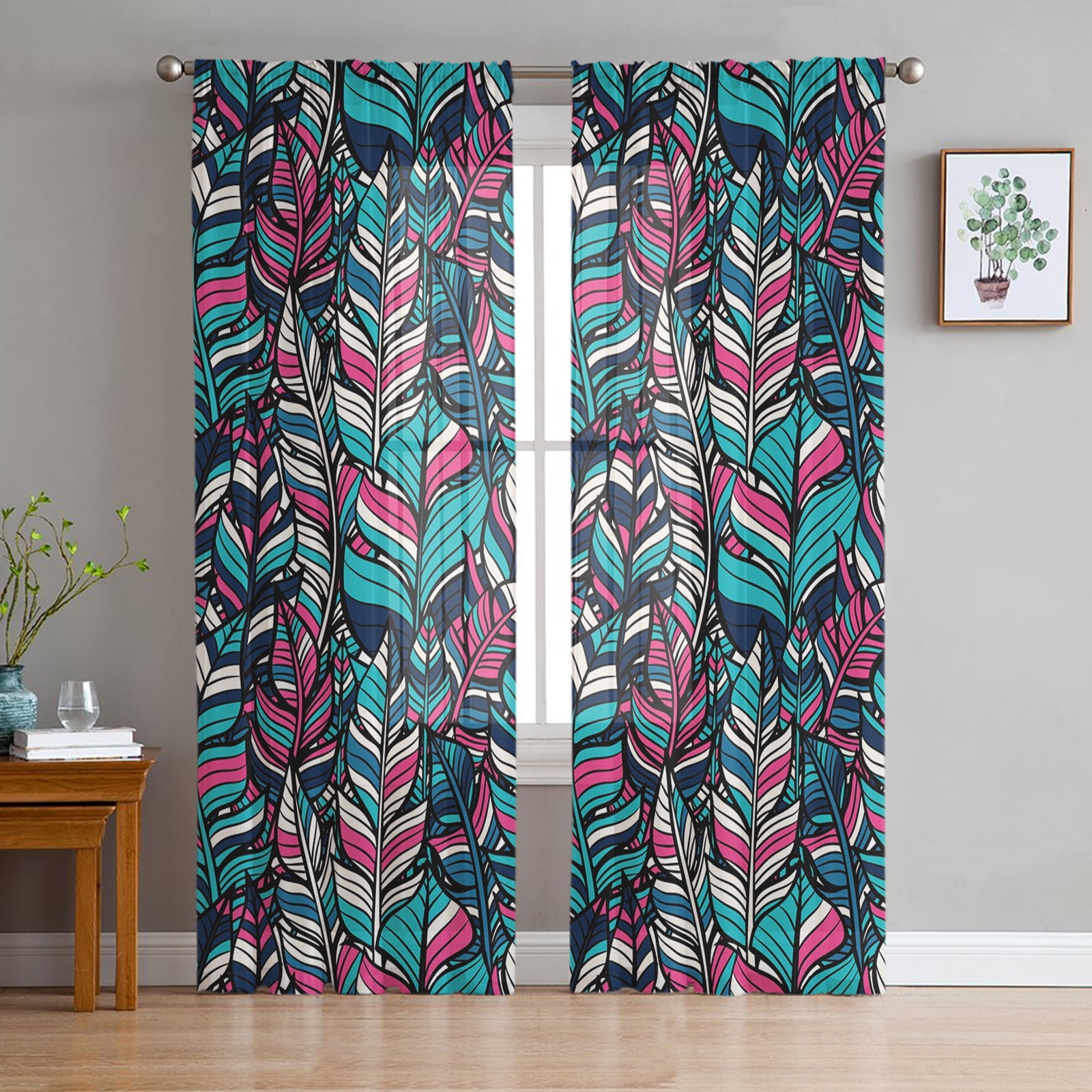 Boho Style Plant Leaves Sheer Curtain for Living Room Voile for Window ...