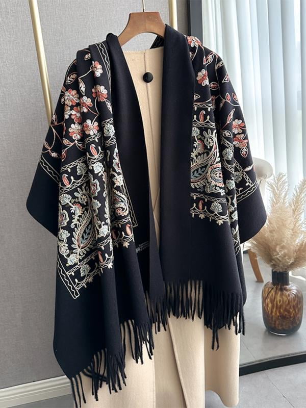 Boho Style Plants Embroidery Double Sided Scarf, Casual Soft Warm ...