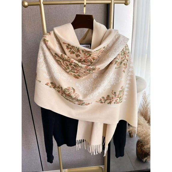Boho Style Plants Embroidery Double Sided Scarf, Casual Soft Warm Fringe Trim Shawl for Women ...