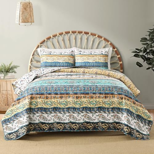 Boho Style Queen Quilt Set Yellow Bohemian Floral Strip Quilt Beddding ...