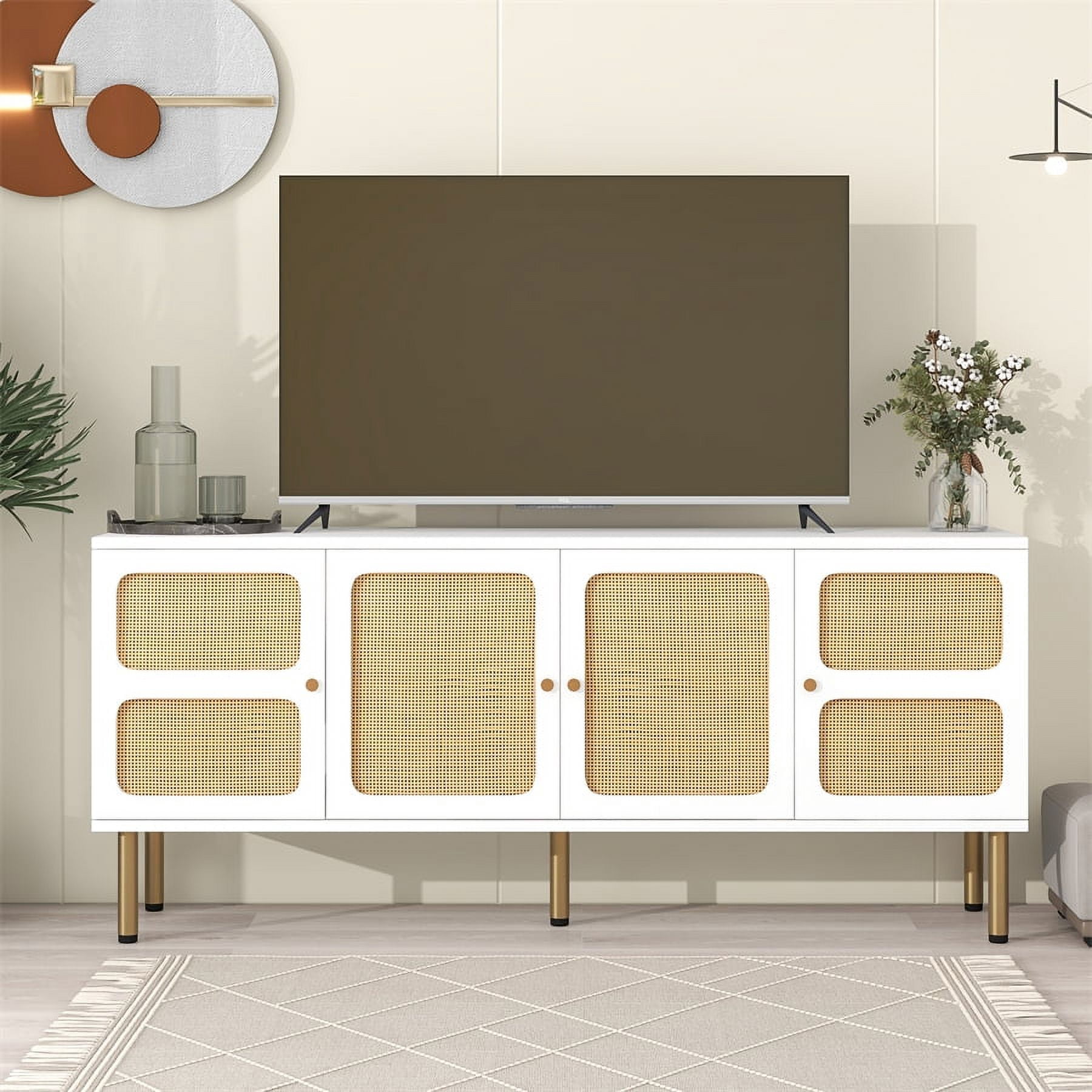 Boho Style TV Stand with 4 Rattan Door, Woven Media Console Table for ...