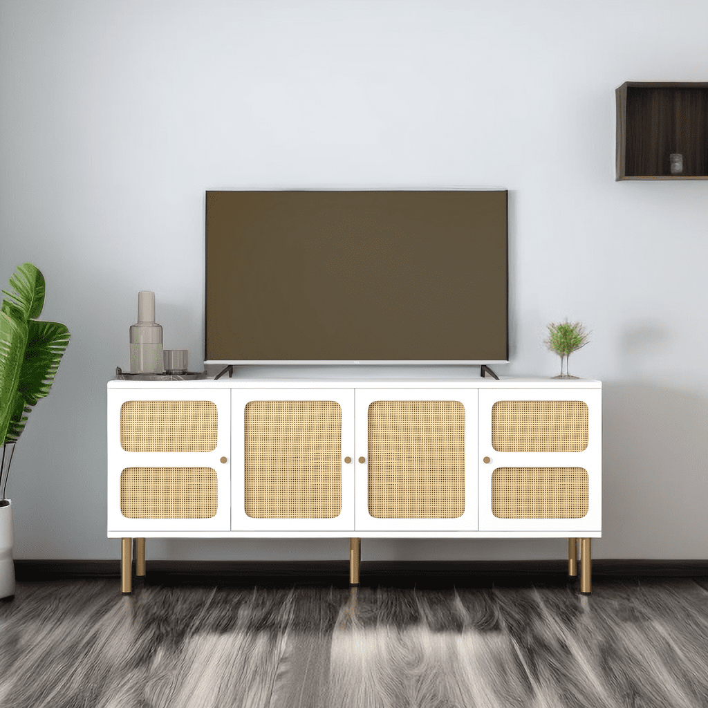 Boho Style TV Stand with Rattan Door, Woven Media Console Table for TVs ...