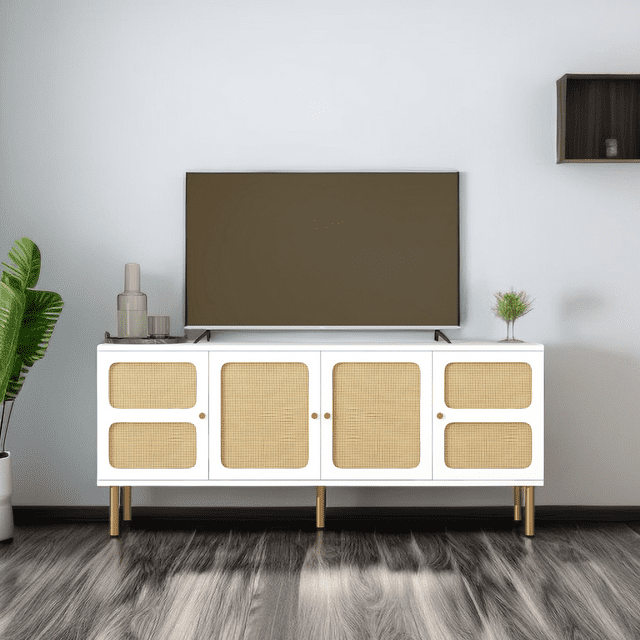 Boho Style TV Stand with Rattan Door, Woven Media Console Table for TVs ...