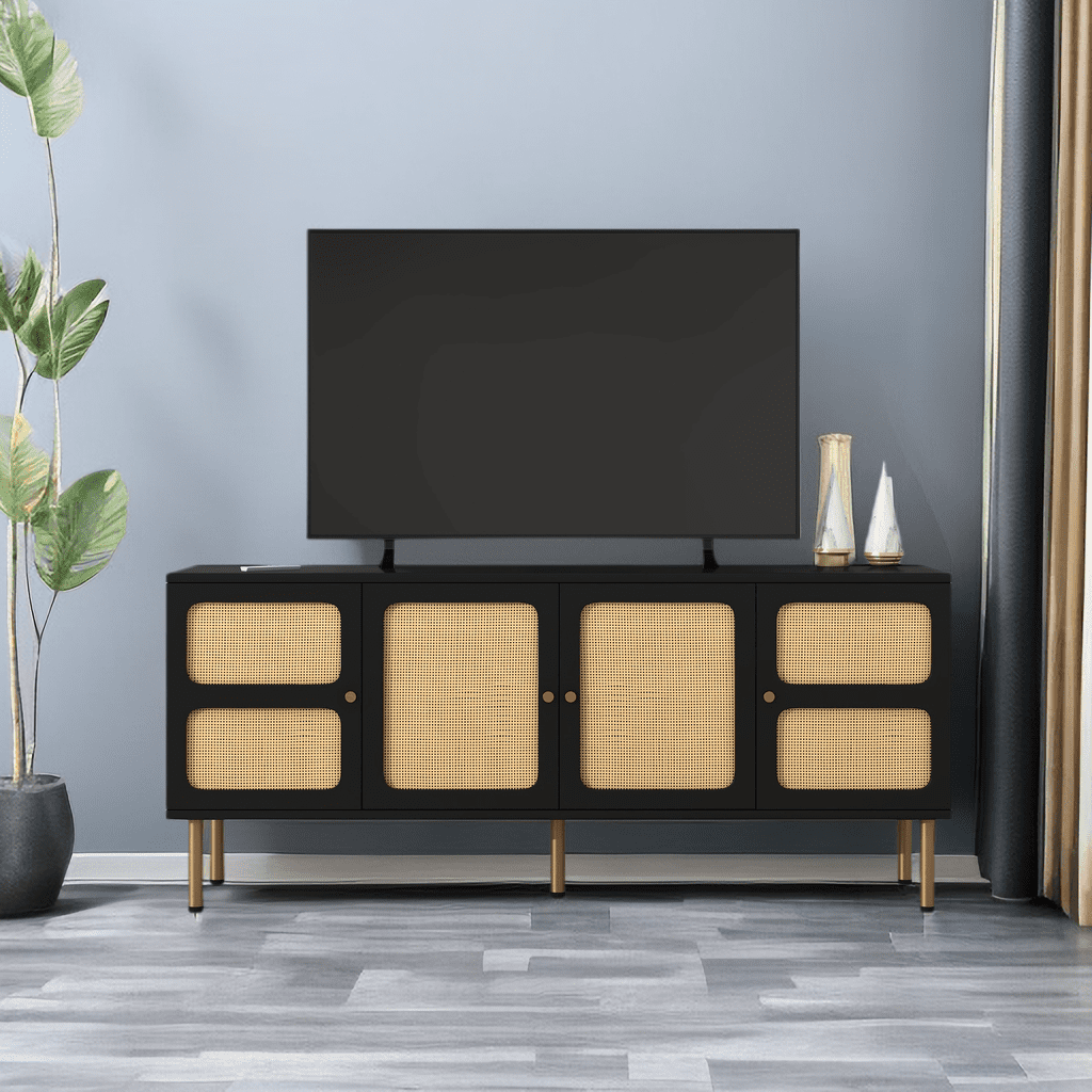 Boho Style TV Stand with Rattan Door, Woven Media Console Table for TVs ...