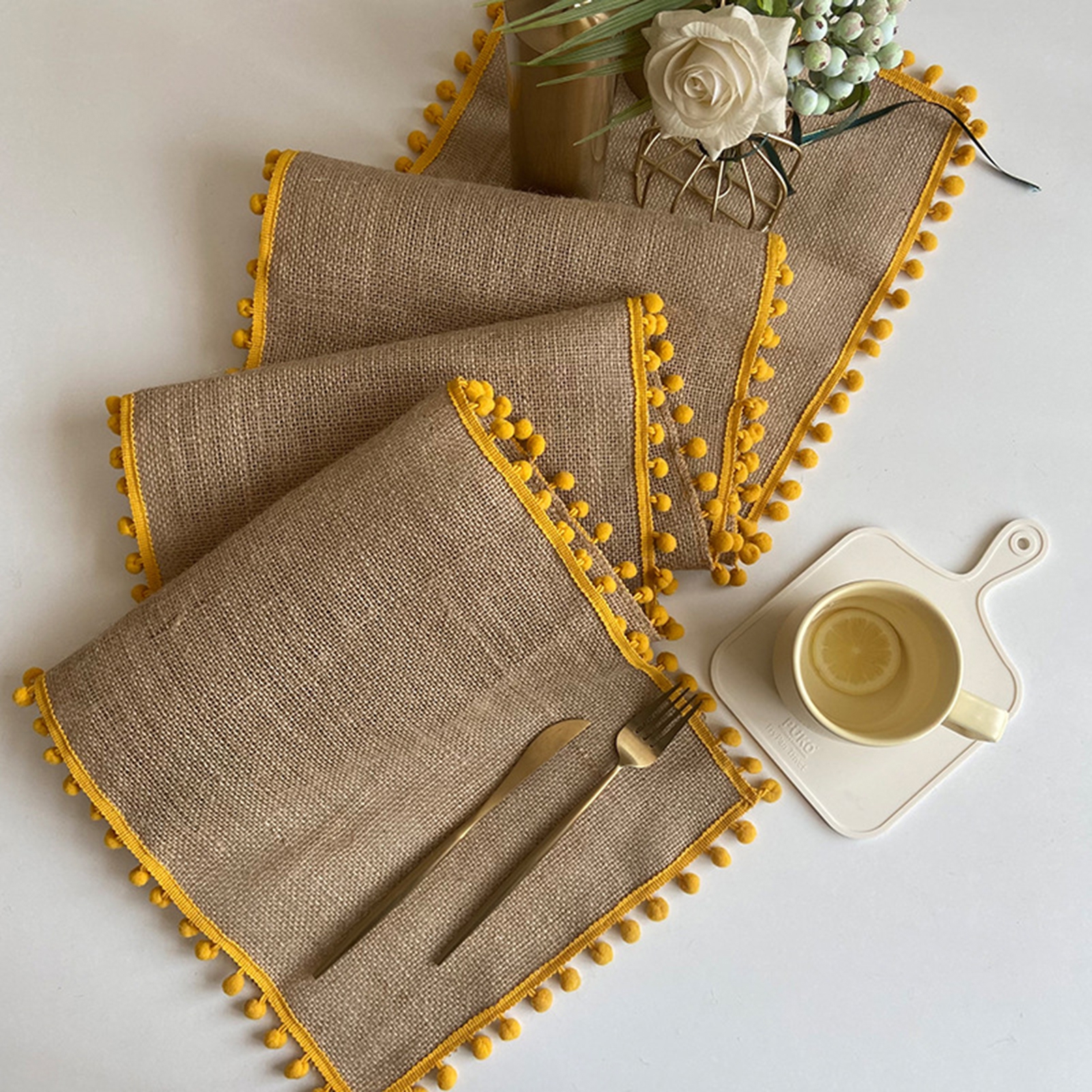Boho Style Table Runner, Woven Fabric with Small Plush Ball Decor ...