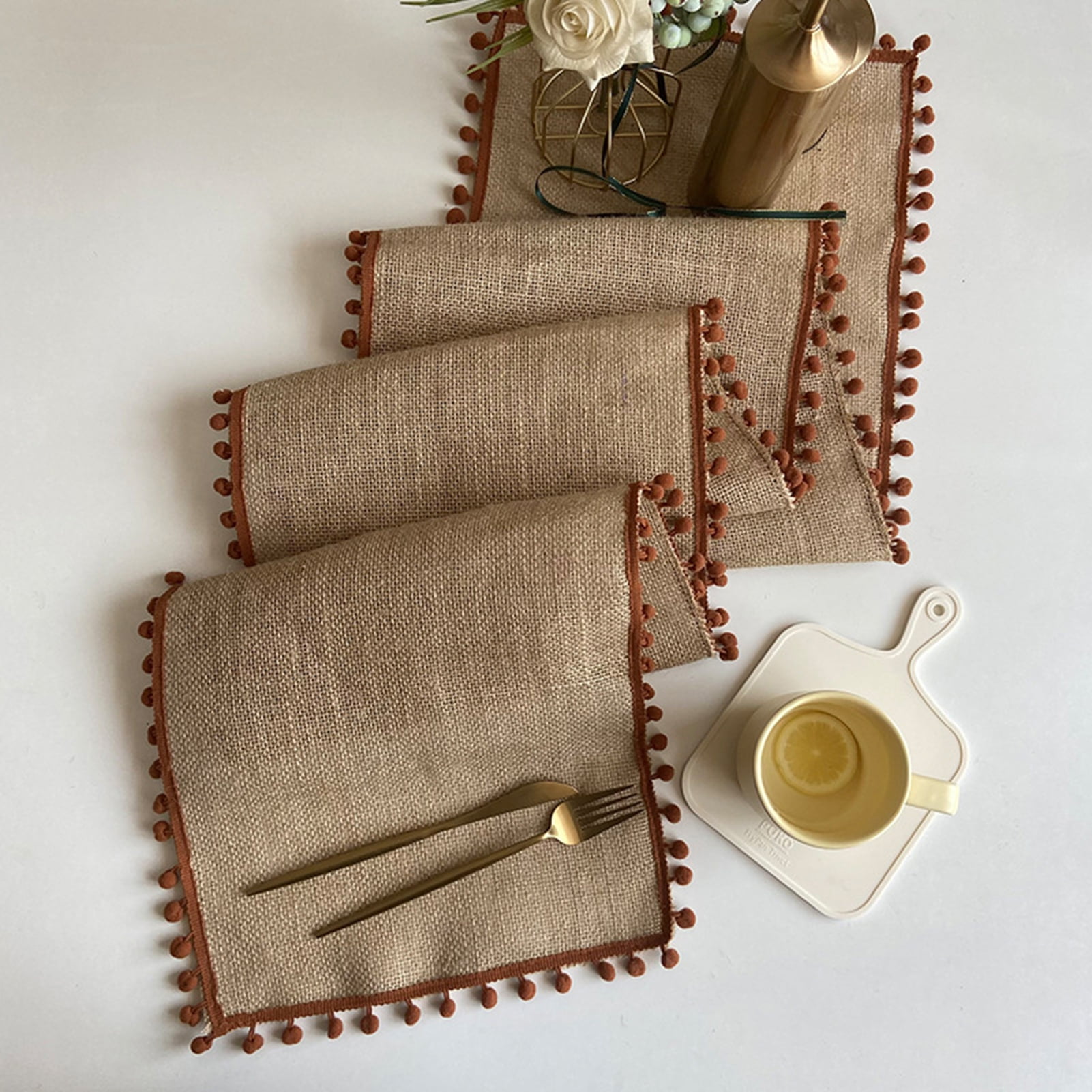 Boho Style Table Runner, Woven Fabric with Small Plush Ball Decor ...