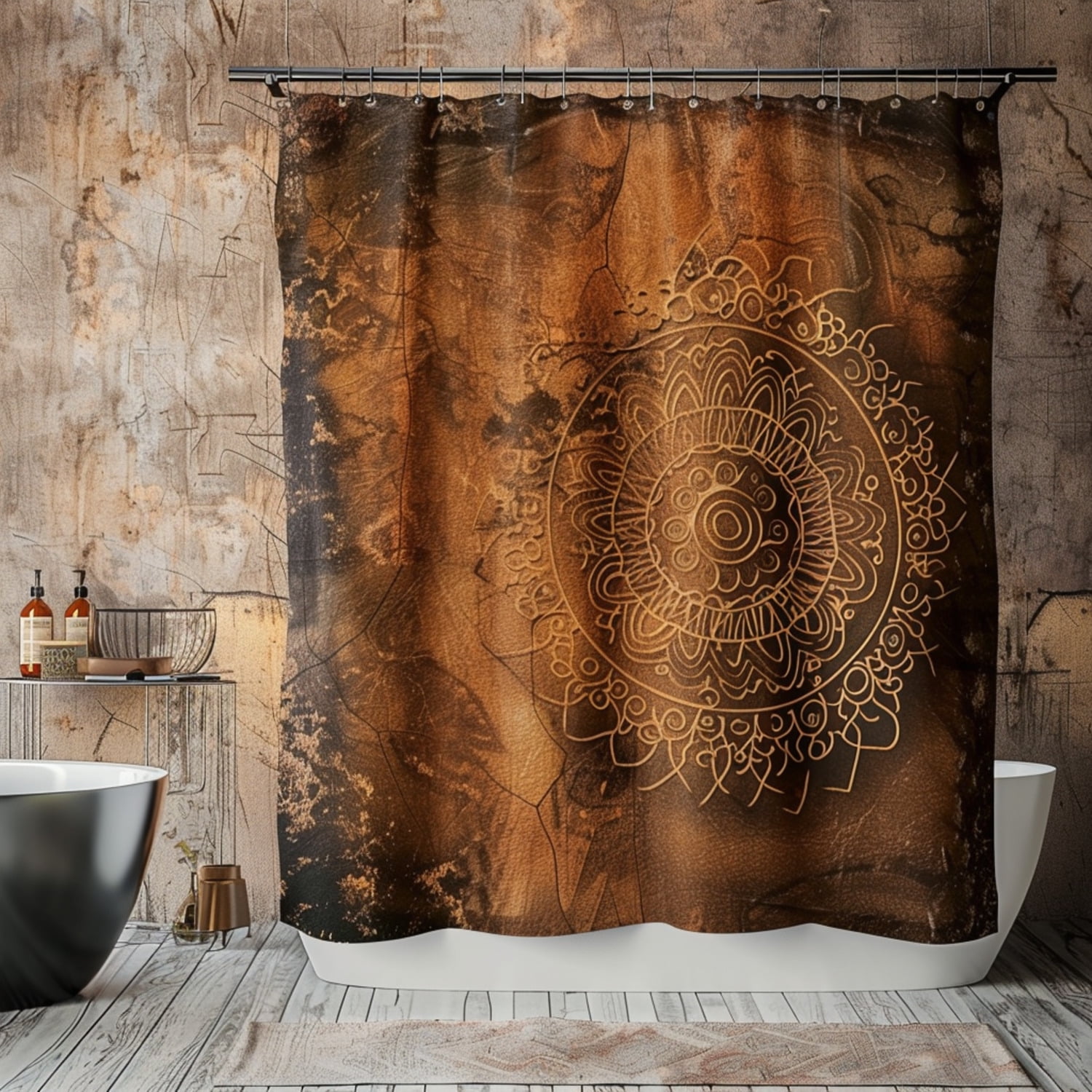 Boho Style Vintage Leather Texture Mandala Shower Curtain Rustic