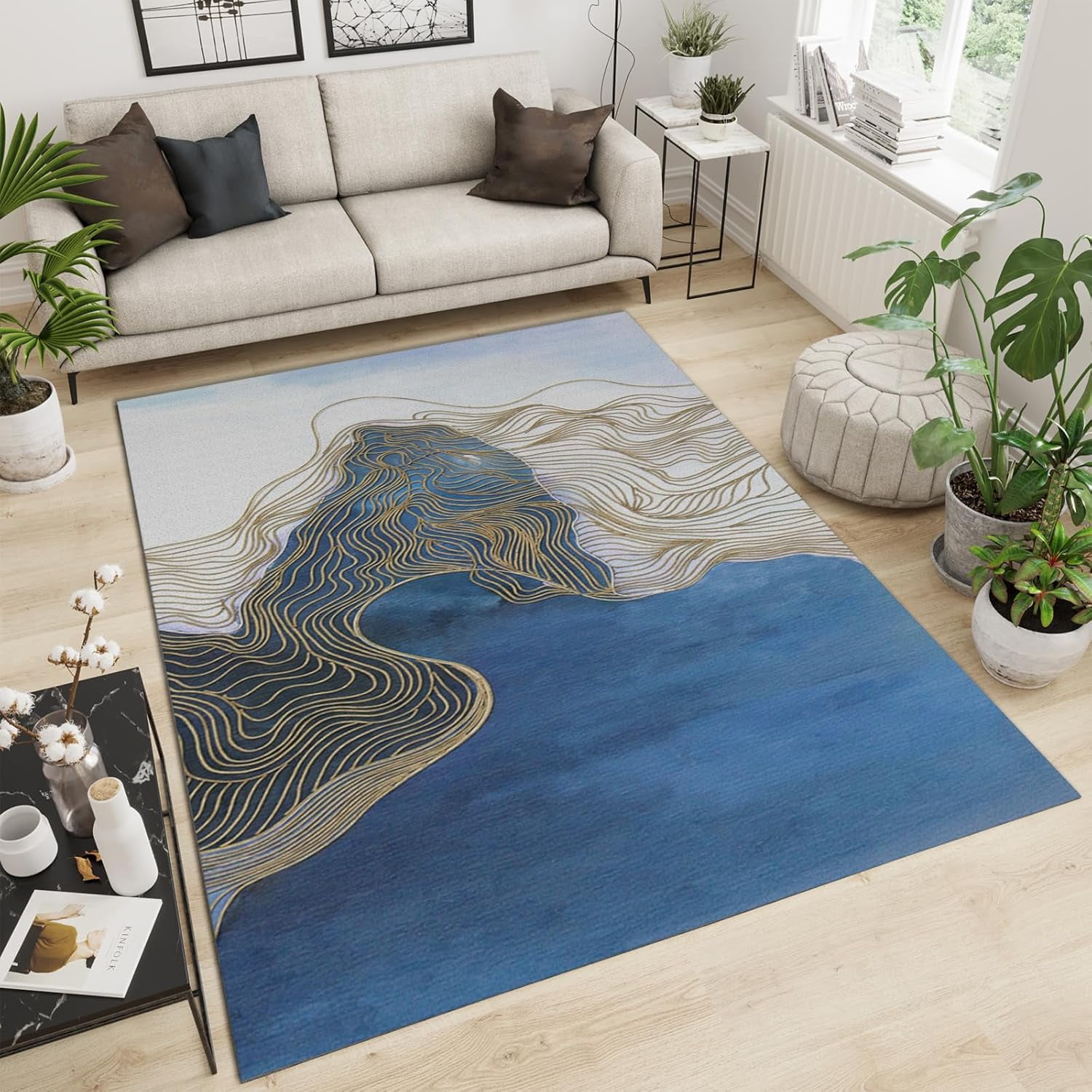 Boho Style White Blue Gradient Art Rugs, Modern Irregular Gold Line ...