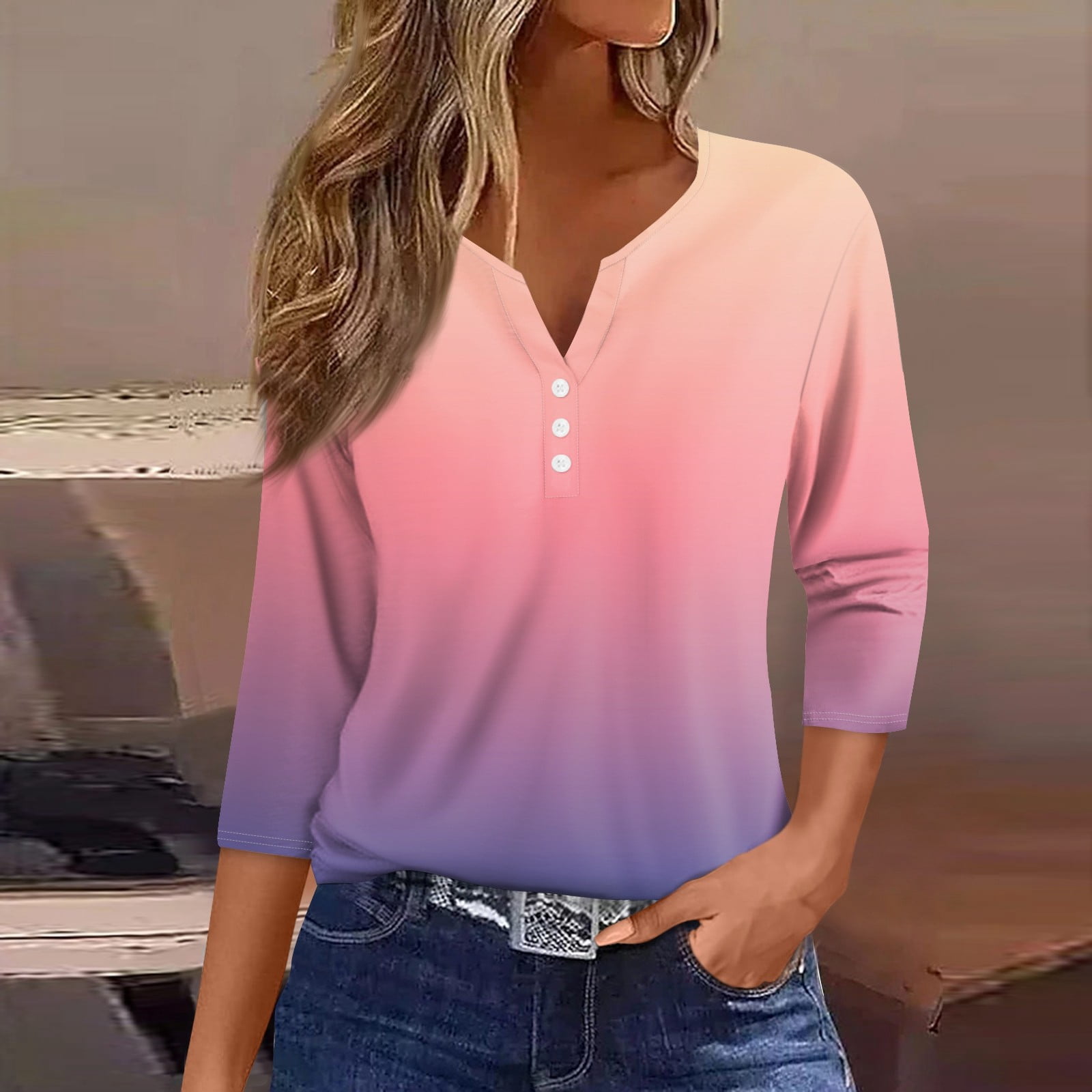 Boho Style Women Short Sleeve Button V Neck Tee Soft Breathable Casual ...