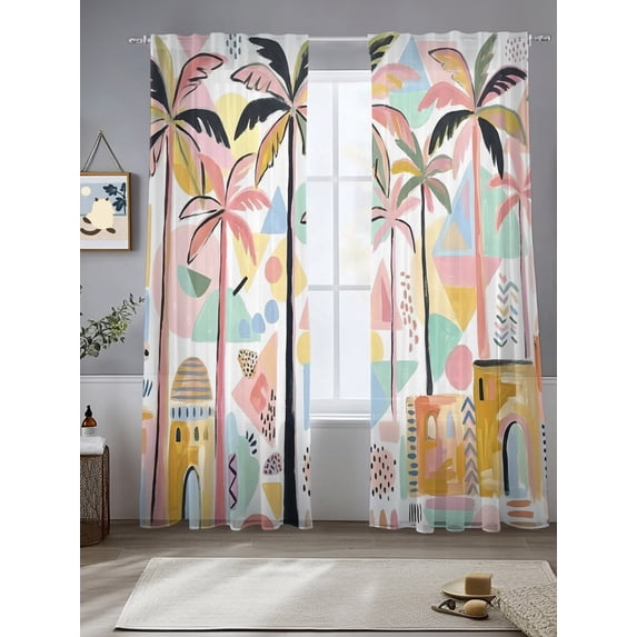 Boho Summer Artistic Palm Trees Chiffon Sheer Curtains 84 Inches Long ...