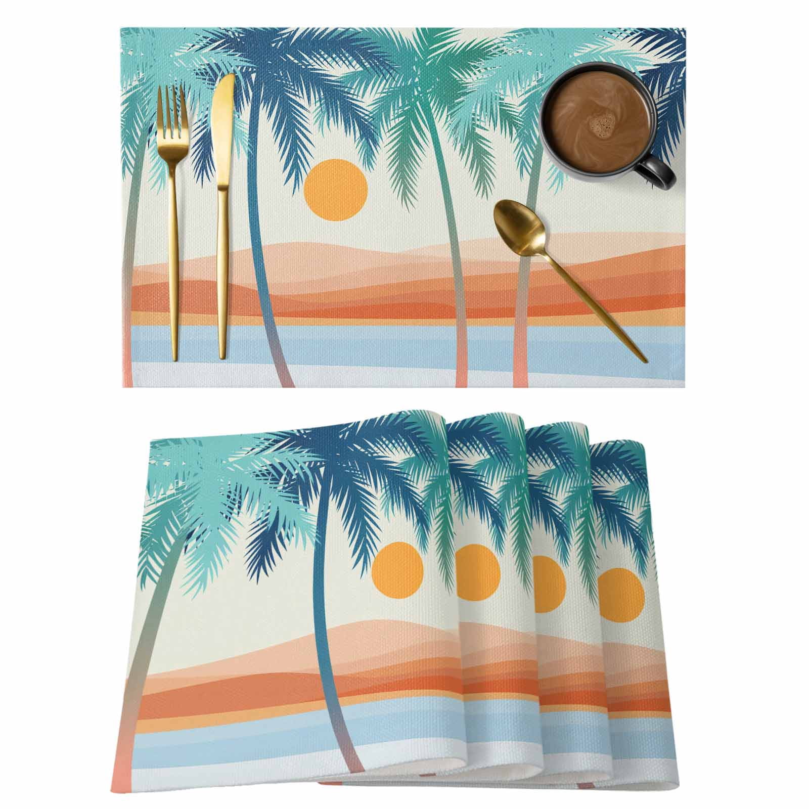 Boho Summer Beach Placemats Set of 12 Abstract Tropical Palm Trees ...