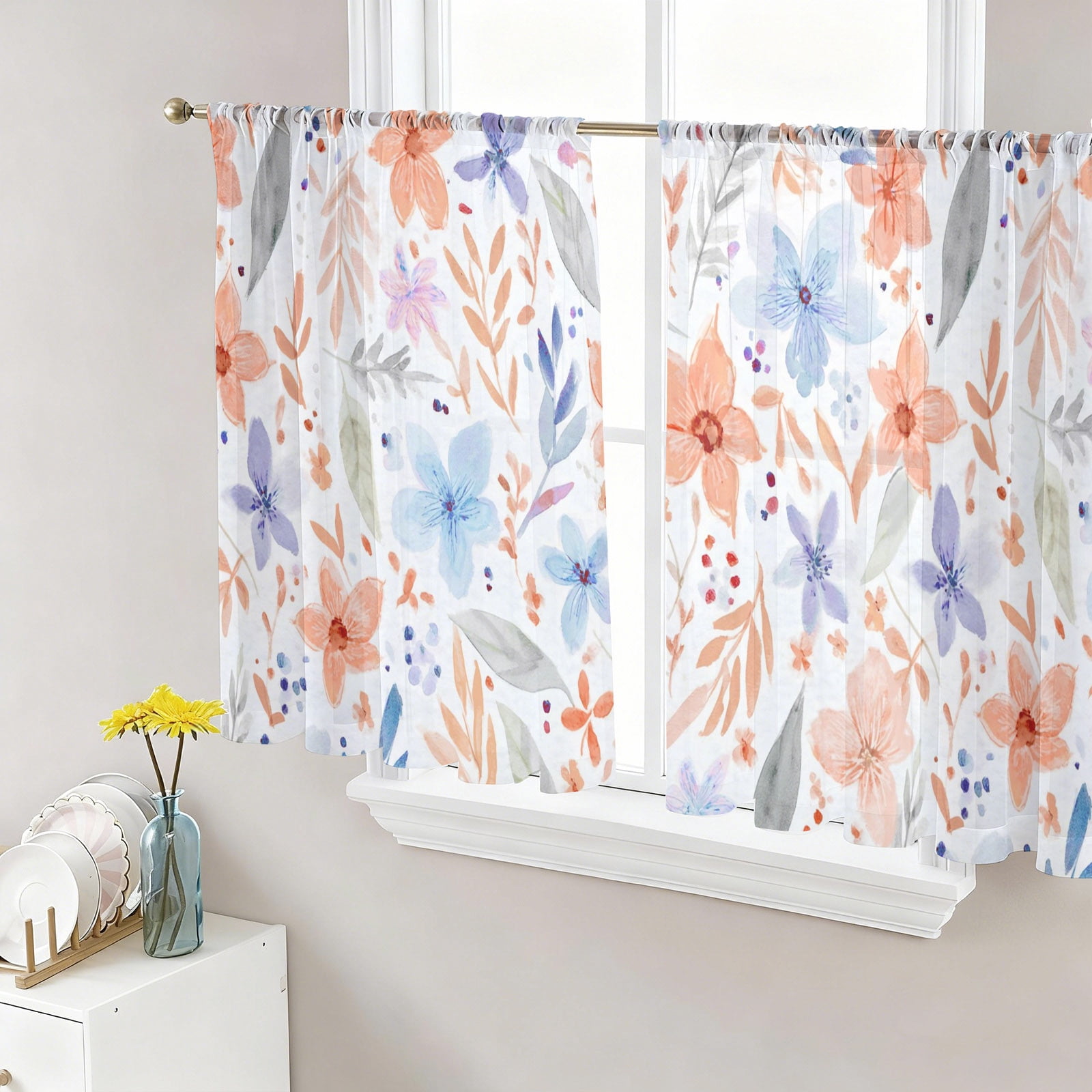 Boho Summer Floral Sheer Curtains 45 Inch Length 2 Panels Set, Orange ...