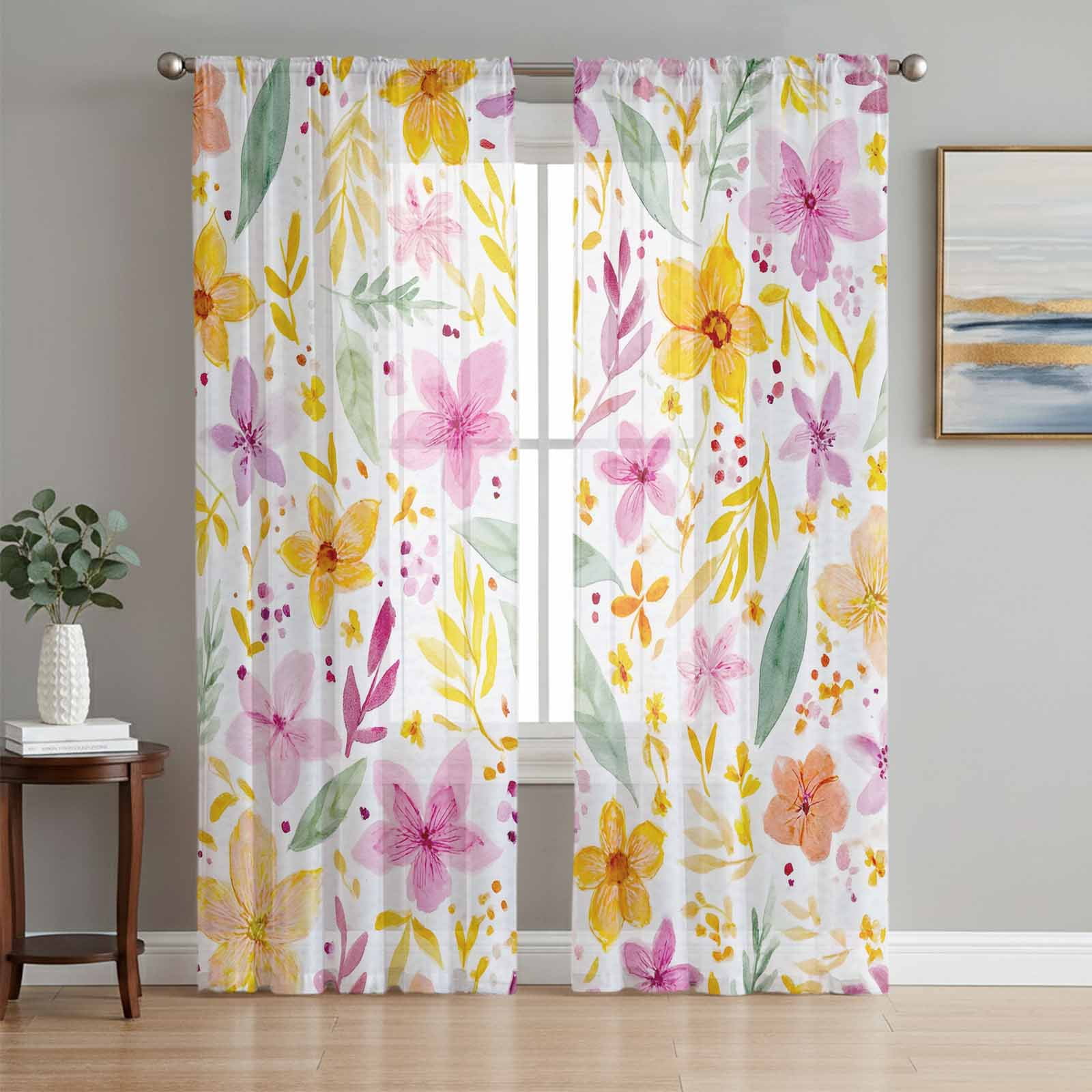Boho Summer Floral Sheer Curtains for Living Room Bedroom Pink Yellow ...