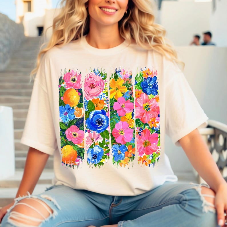 Boho Summer Floral T-shirt, Colorful Spring Flowers Shirt, Bright ...