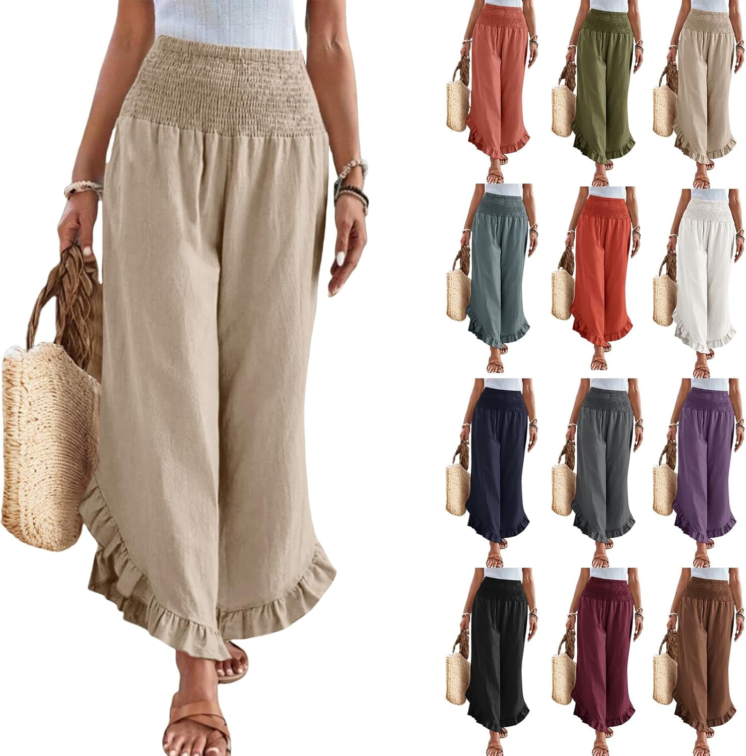Boho Summer Linen Pants – Smocked High Waist Flowy Wide Leg Pants with ...