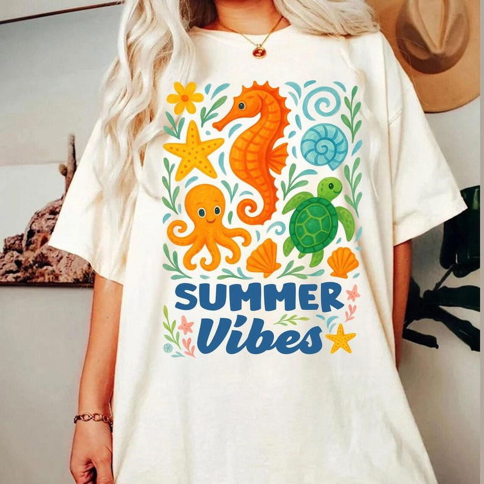 Boho Summer Seahorse T-Shirt, Coastal Seashell Summer Shirt, Preppy ...