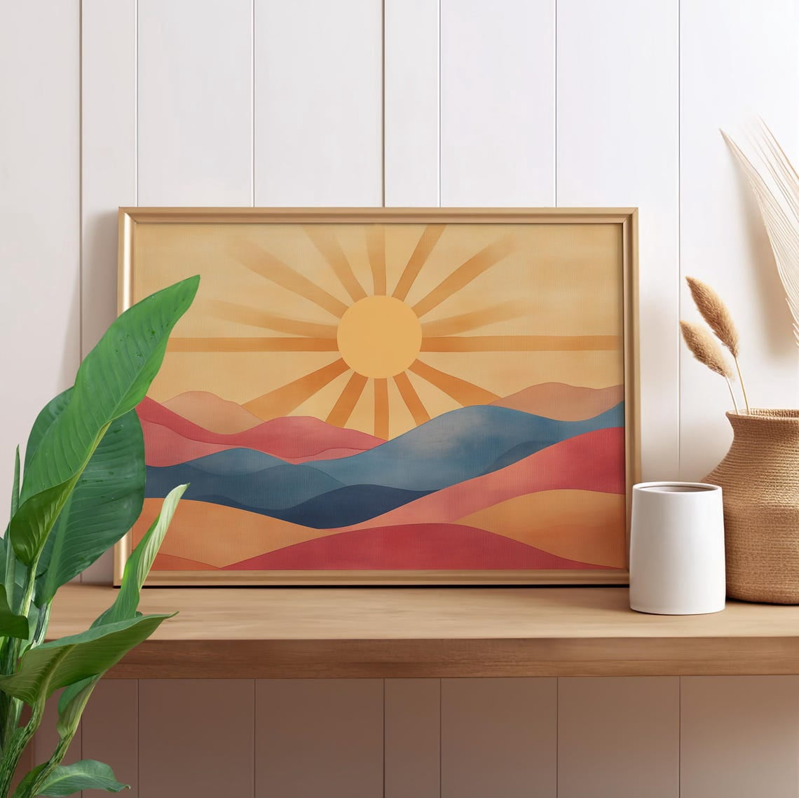 Boho Sun Above Desert Dunes Colorful Illustration Neutral Nature ...