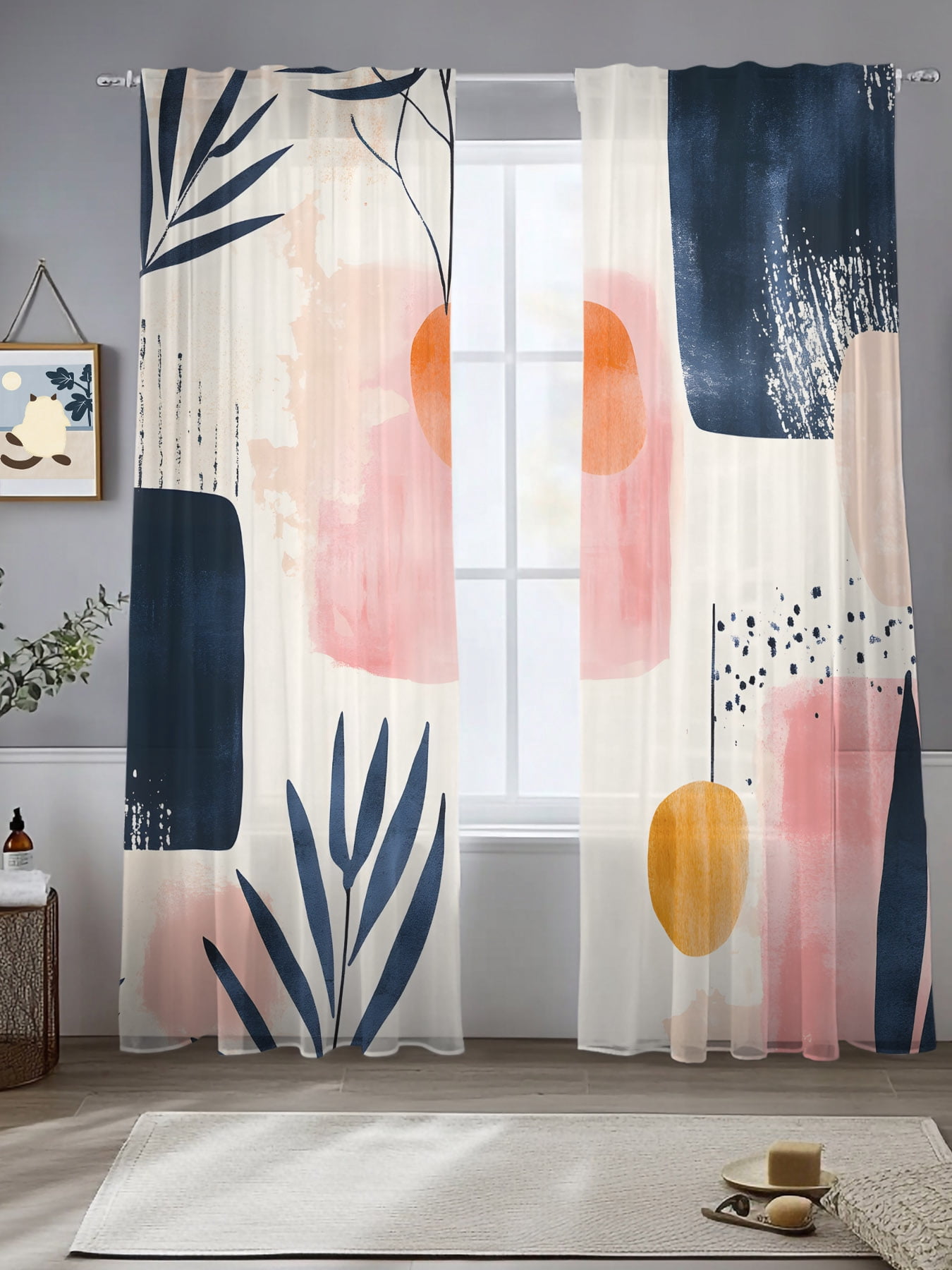 Boho Sun Abstract Leaves Chiffon Sheer Curtains 84 Inches Long Pink ...