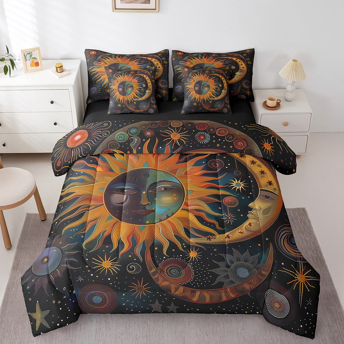 Boho Sun And Moon Sheet Set Bohemian Decor Teens,Queen Bedding Set ...