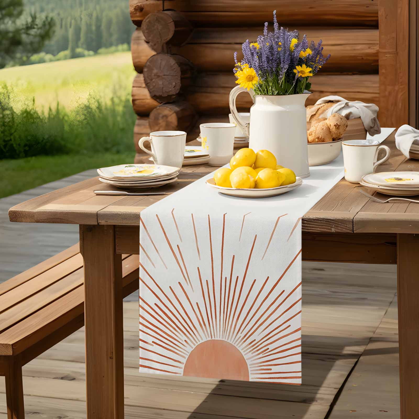 Boho Sun Arch Orange Stripe Table Runner 72 Inch Long Abstract Lines ...