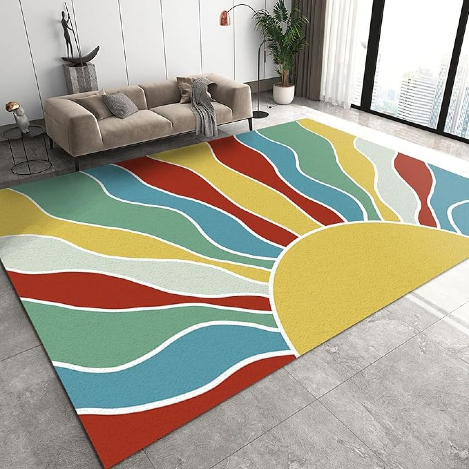 Boho Sun Area Rug, Abstract Colorful Sun Rays Non Slip Easy Care ...
